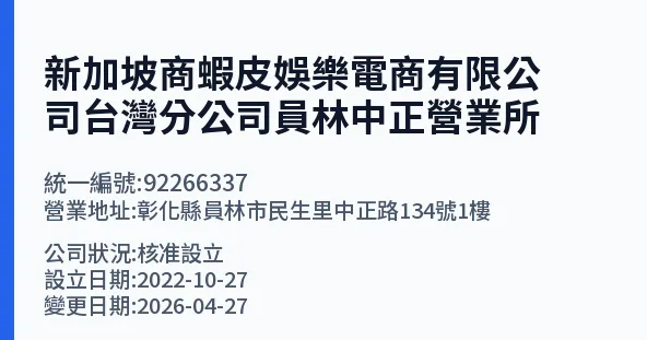 新加坡商蝦皮娛樂電商有限公司台灣分公司員林中正營業所的照片-統編 92266337(彰化縣) 公司登記資料與營業項目詳細圖表