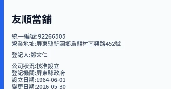 友順當舖的照片-統編 92266505(屏東縣) 公司登記資料與營業項目詳細圖表