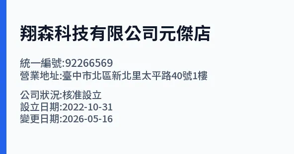 翔森科技有限公司元傑店的照片-統編 92266569(臺中市) 公司登記資料與營業項目詳細圖表
