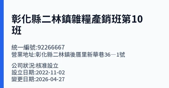 彰化縣二林鎮雜糧產銷班第10班的照片-統編 92266667(彰化縣) 公司登記資料與營業項目詳細圖表
