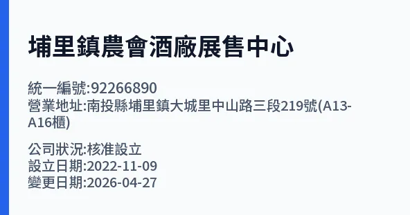 埔里鎮農會酒廠展售中心的照片-統編 92266890(南投縣) 公司登記資料與營業項目詳細圖表