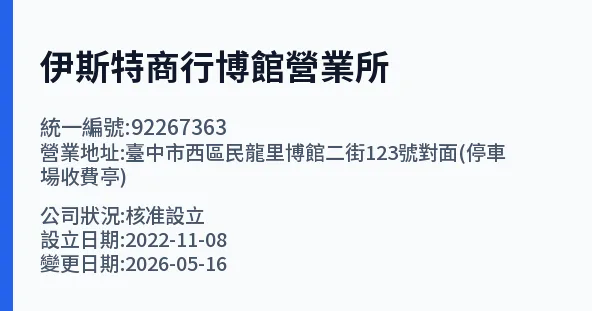伊斯特商行博館營業所的照片-統編 92267363(臺中市) 公司登記資料與營業項目詳細圖表