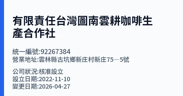 有限責任台灣圖南雲耕咖啡生產合作社的照片-統編 92267384(雲林縣) 公司登記資料與營業項目詳細圖表