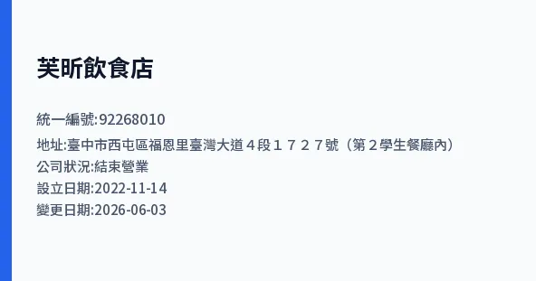 芙昕飲食店的照片-統編 92268010(臺中市) 公司登記資料與營業項目詳細圖表