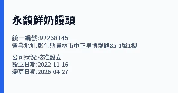 永馥鮮奶饅頭的照片-統編 92268145(彰化縣) 公司登記資料與營業項目詳細圖表