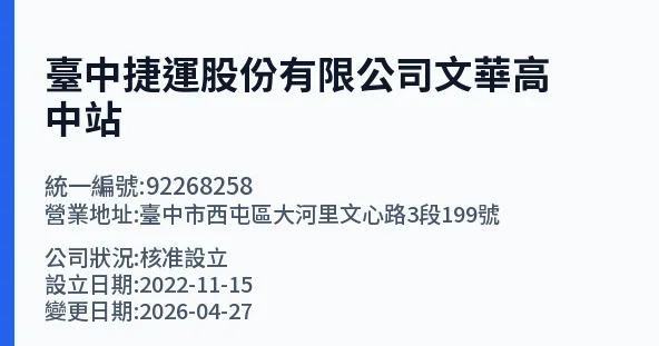 臺中捷運股份有限公司文華高中站的照片-統編 92268258(臺中市) 公司登記資料與營業項目詳細圖表