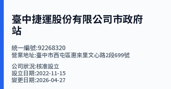 臺中捷運股份有限公司市政府站的照片-統編 92268320(臺中市) 公司登記資料與營業項目詳細圖表