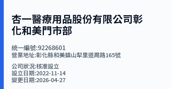 杏一醫療用品股份有限公司彰化和美門市部的照片-統編 92268601(彰化縣) 公司登記資料與營業項目詳細圖表