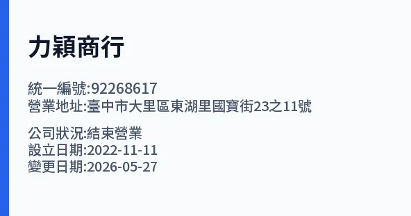力穎商行的照片-統編 92268617(臺中市) 公司登記資料與營業項目詳細圖表