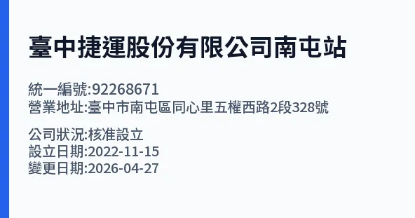 臺中捷運股份有限公司南屯站的照片-統編 92268671(臺中市) 公司登記資料與營業項目詳細圖表