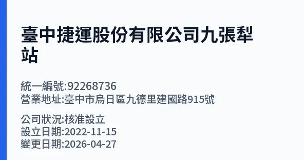 臺中捷運股份有限公司九張犁站的照片-統編 92268736(臺中市) 公司登記資料與營業項目詳細圖表