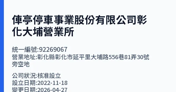 俥亭停車事業股份有限公司彰化大埔營業所的照片-統編 92269067(彰化縣) 公司登記資料與營業項目詳細圖表