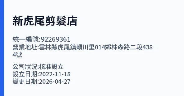 新虎尾剪髮店的照片-統編 92269361(雲林縣) 公司登記資料與營業項目詳細圖表
