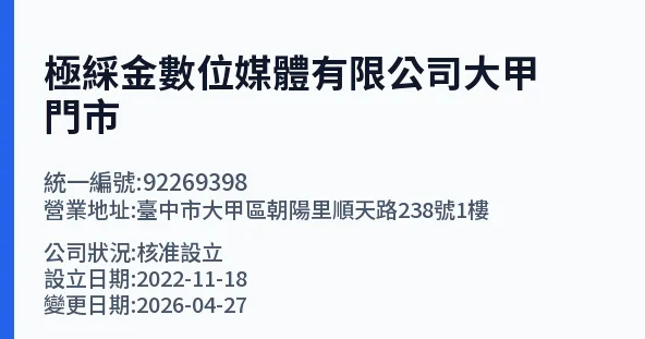 極綵金數位媒體有限公司大甲門市的照片-統編 92269398(臺中市) 公司登記資料與營業項目詳細圖表