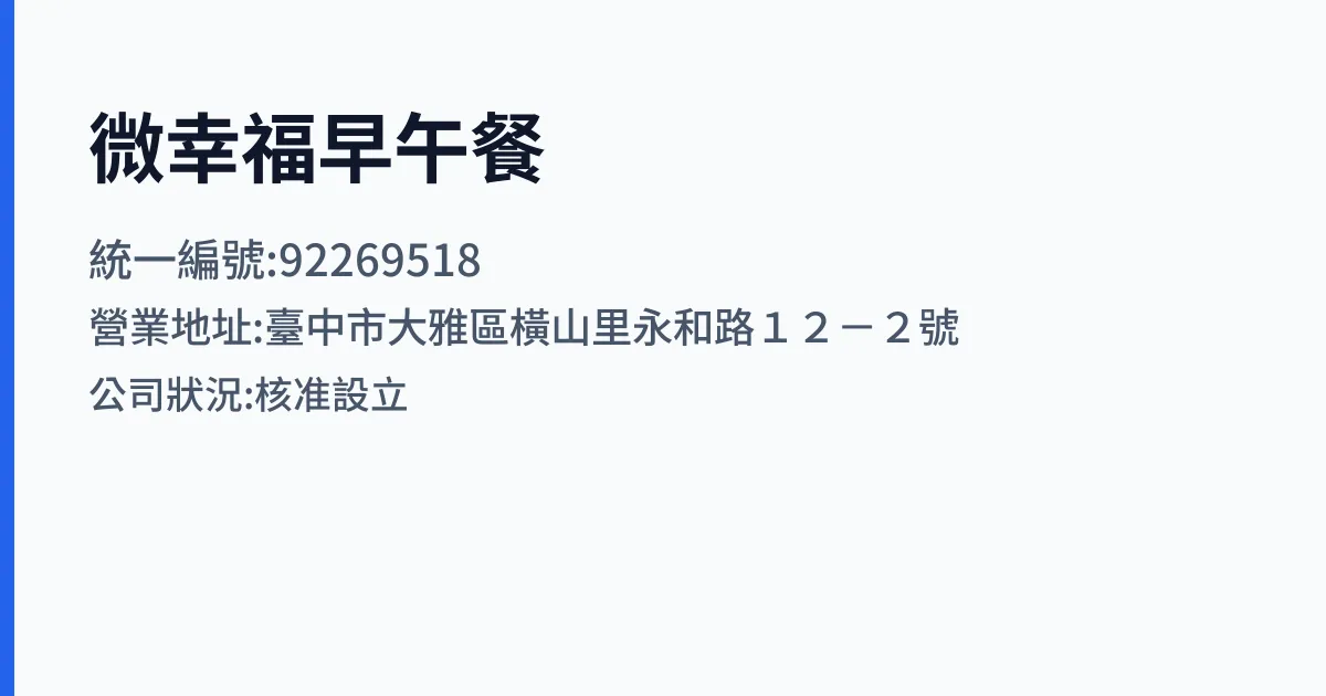 微幸福早午餐 - 統編 92269518(臺中市) 公司登記資料與營業項目詳細圖表