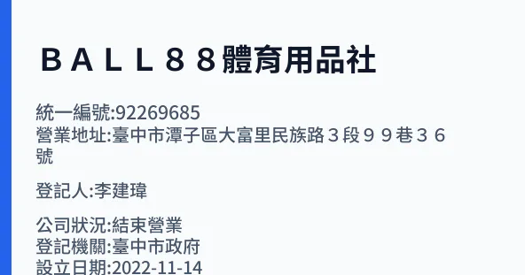 ＢＡＬＬ８８體育用品社的照片-統編 92269685(臺中市) 公司登記資料與營業項目詳細圖表