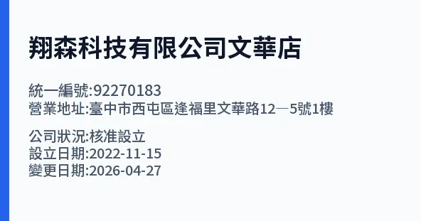 翔森科技有限公司文華店的照片-統編 92270183(臺中市) 公司登記資料與營業項目詳細圖表