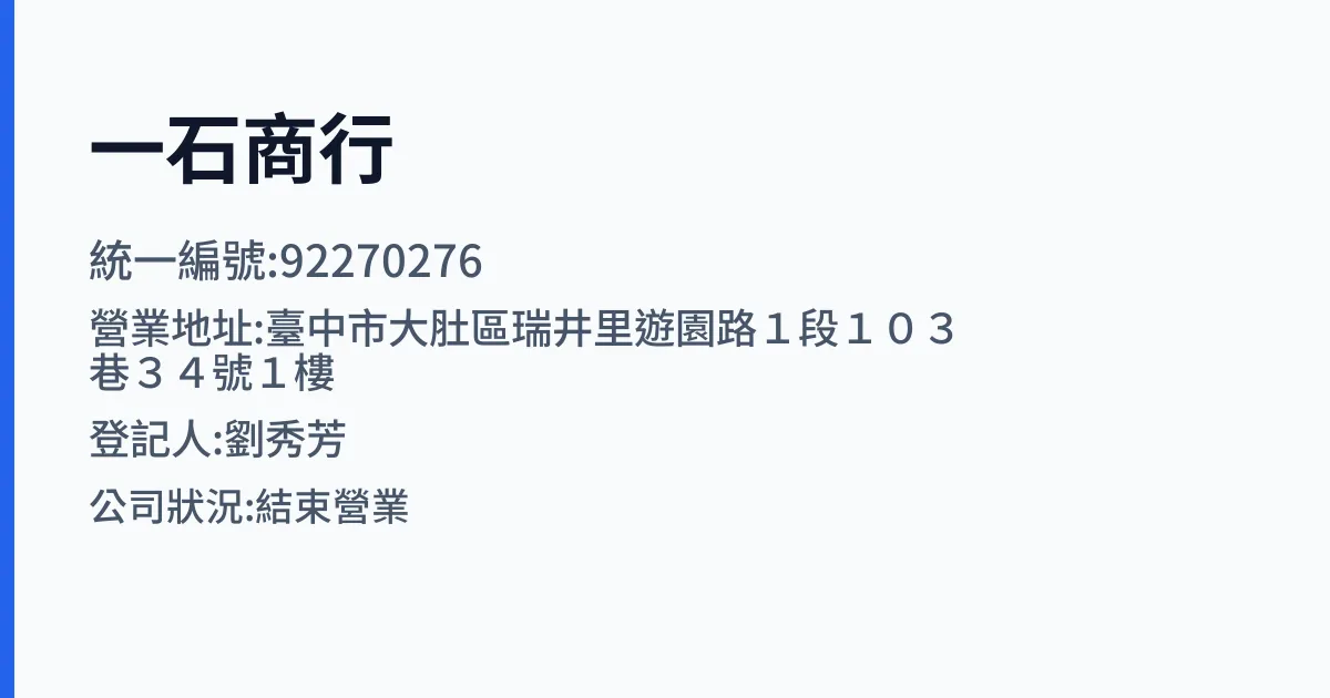 一石商行 - 統編 92270276(臺中市) 公司登記資料與營業項目詳細圖表