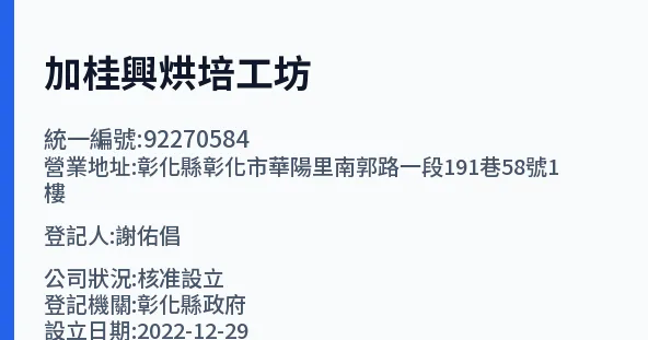 加桂興烘培工坊的照片-統編 92270584(彰化縣) 公司登記資料與營業項目詳細圖表