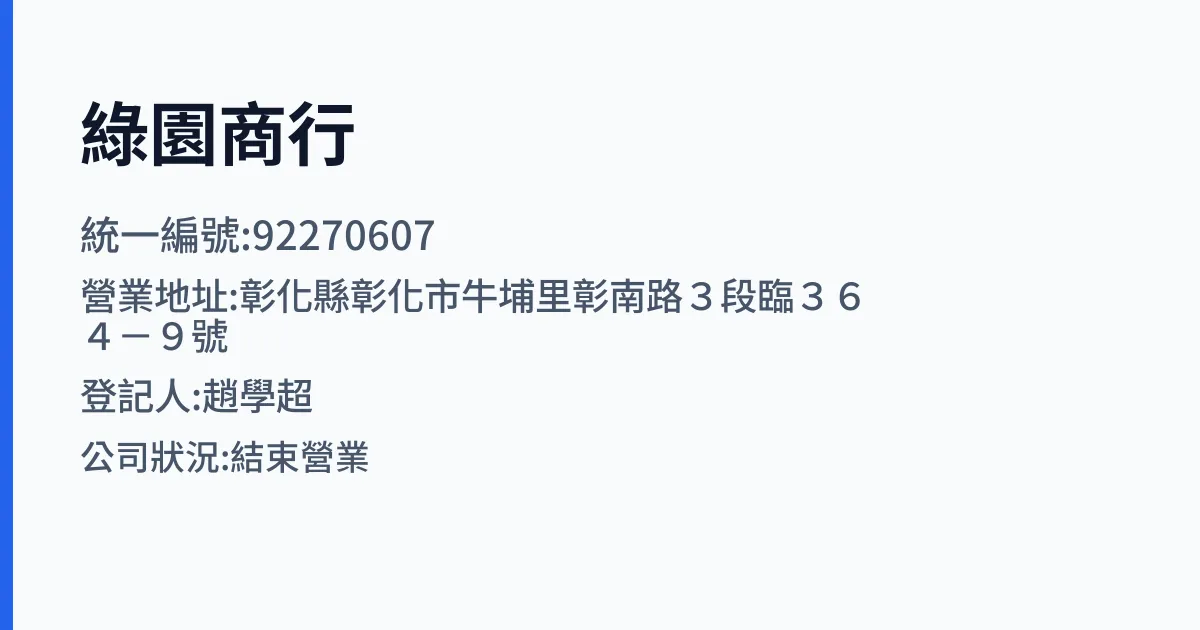 綠園商行 - 統編 92270607（彰化縣） 公司登記資料與營業項目詳細圖表