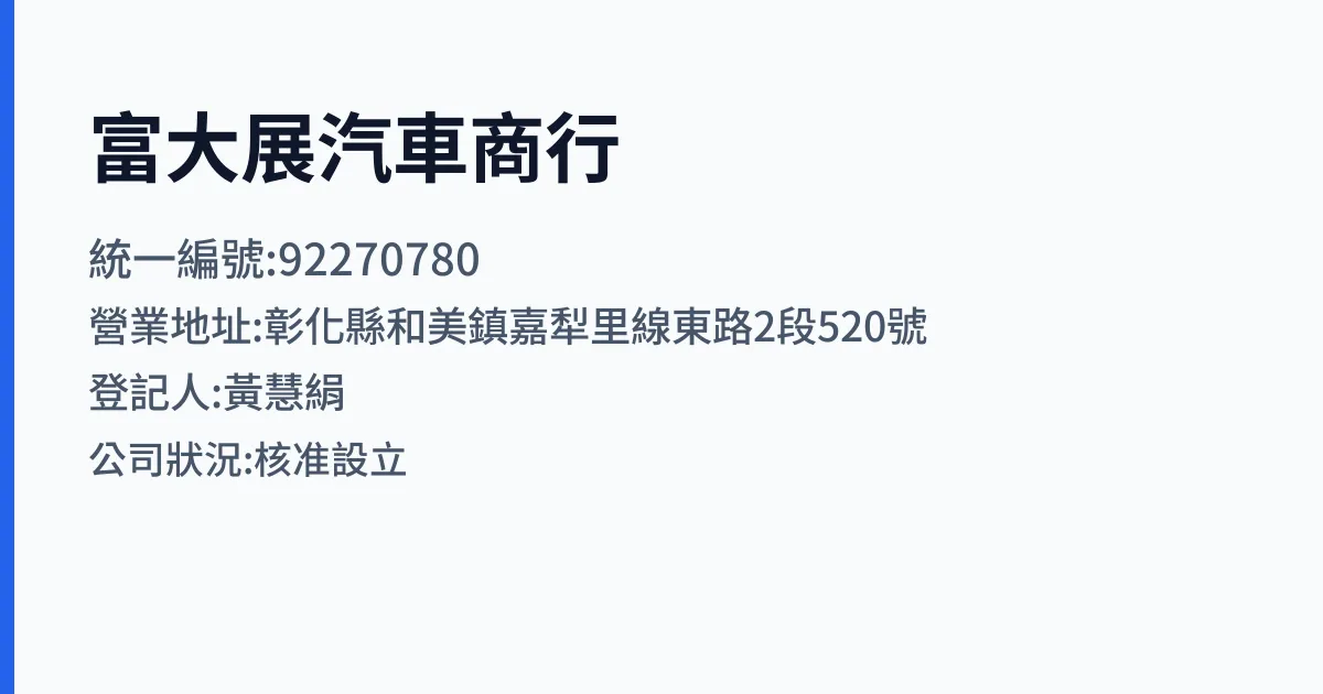富大展汽車商行 - 統編 92270780(彰化縣) 公司登記資料與營業項目詳細圖表