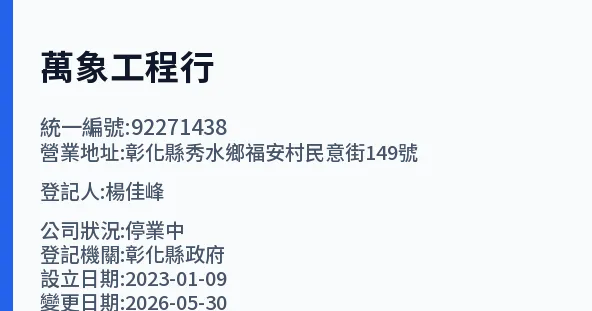 萬象工程行的照片-統編 92271438(彰化縣) 公司登記資料與營業項目詳細圖表