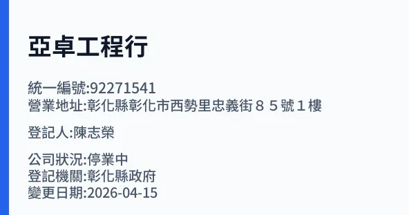 亞卓工程行的照片-統編 92271541(彰化縣) 公司登記資料與營業項目詳細圖表