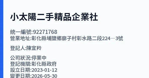 小太陽二手精品企業社的照片-統編 92271768(彰化縣) 公司登記資料與營業項目詳細圖表