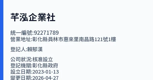 芊泓企業社的照片-統編 92271789(彰化縣) 公司登記資料與營業項目詳細圖表