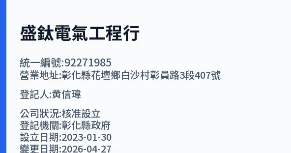 盛鈦電氣工程行的照片-統編 92271985(彰化縣) 公司登記資料與營業項目詳細圖表