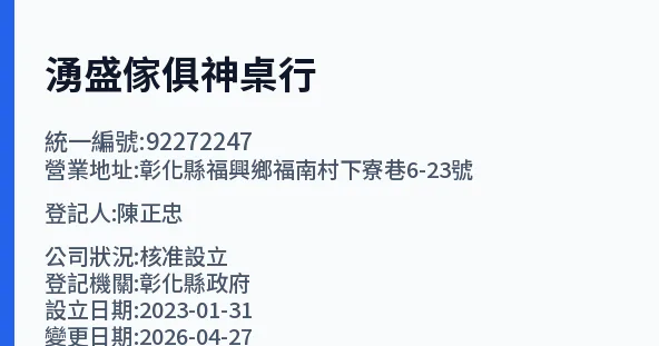 湧盛傢俱神桌行的照片-統編 92272247(彰化縣) 公司登記資料與營業項目詳細圖表
