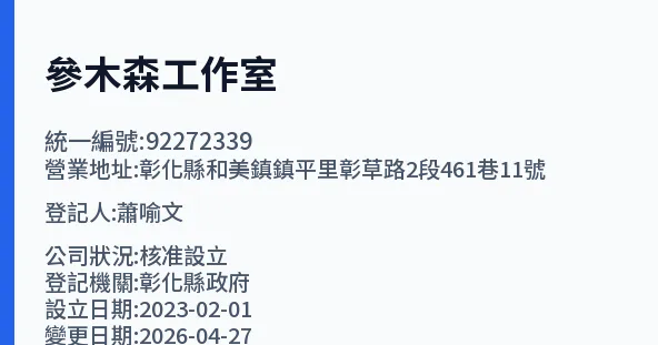 參木森工作室的照片-統編 92272339(彰化縣) 公司登記資料與營業項目詳細圖表
