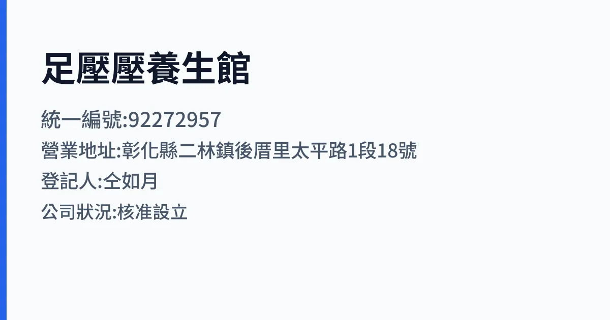 足壓壓養生館 - 統編 92272957(彰化縣) 公司登記資料與營業項目詳細圖表