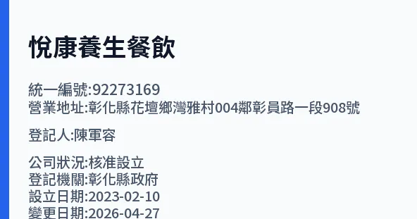 悅康養生餐飲的照片-統編 92273169(彰化縣) 公司登記資料與營業項目詳細圖表