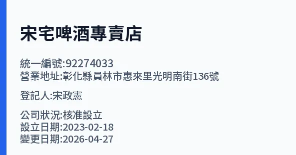 宋宅啤酒專賣店的照片-統編 92274033(彰化縣) 公司登記資料與營業項目詳細圖表