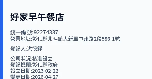 好家早午餐店的照片-統編 92274337(彰化縣) 公司登記資料與營業項目詳細圖表