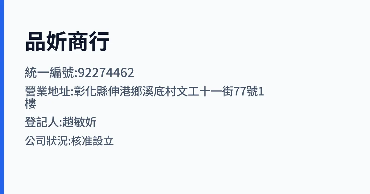 品妡商行 - 統編 92274462(彰化縣) 公司登記資料與營業項目詳細圖表