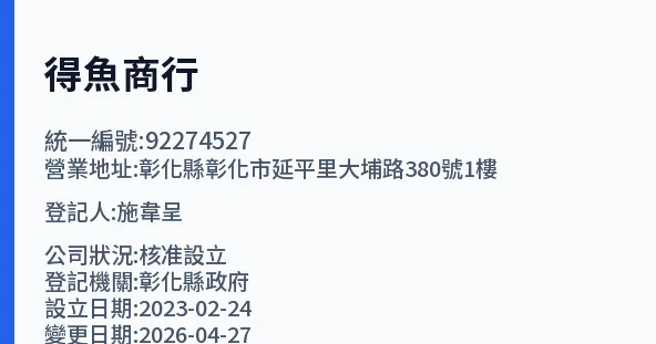 得魚商行的照片-統編 92274527(彰化縣) 公司登記資料與營業項目詳細圖表