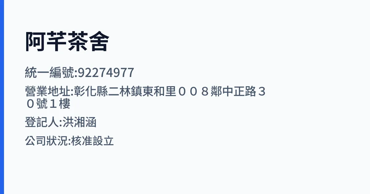 阿芊茶舍 - 統編 92274977(彰化縣) 公司登記資料與營業項目詳細圖表