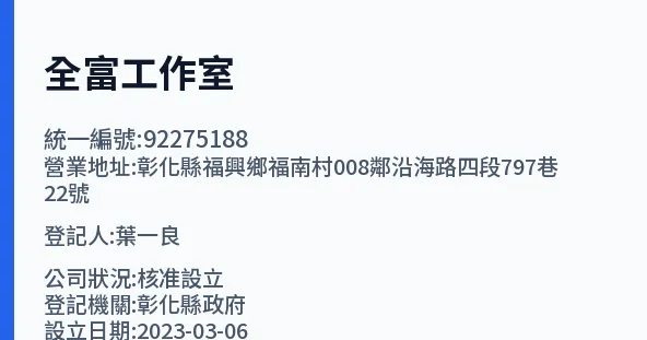 全富工作室的照片-統編 92275188(彰化縣) 公司登記資料與營業項目詳細圖表