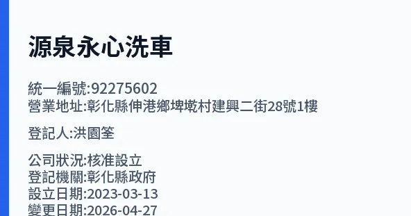 源泉永心洗車的照片-統編 92275602(彰化縣) 公司登記資料與營業項目詳細圖表