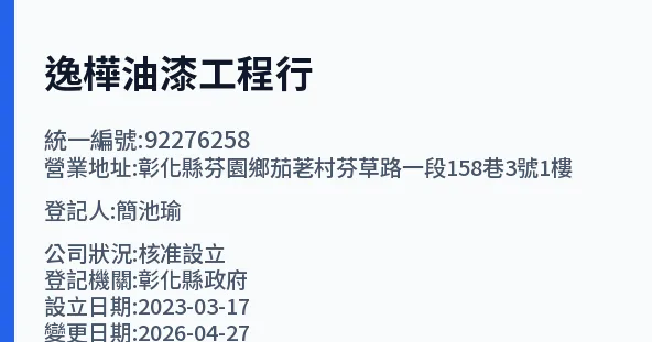 逸樺油漆工程行的照片-統編 92276258(彰化縣) 公司登記資料與營業項目詳細圖表