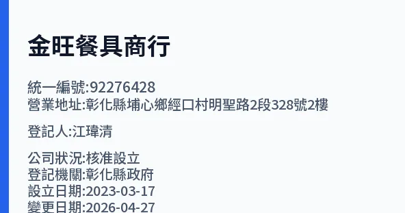 金旺餐具商行的照片-統編 92276428(彰化縣) 公司登記資料與營業項目詳細圖表