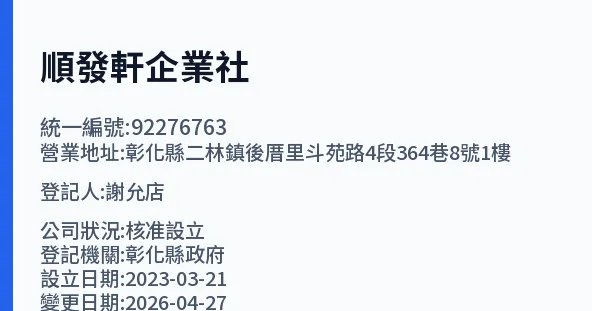 順發軒企業社的照片-統編 92276763(彰化縣) 公司登記資料與營業項目詳細圖表