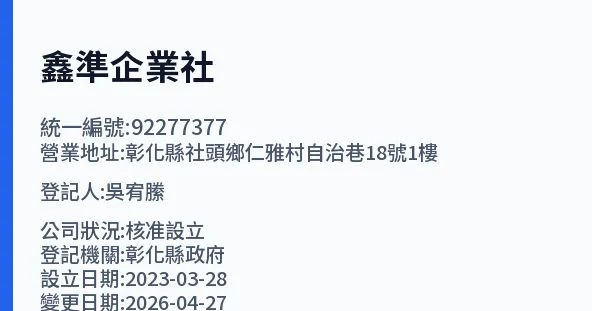 鑫準企業社的照片-統編 92277377(彰化縣) 公司登記資料與營業項目詳細圖表