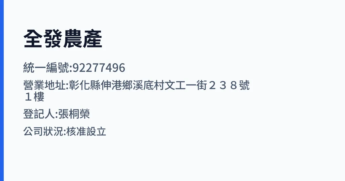 全發農產 - 統編 92277496（彰化縣） 公司登記資料與營業項目詳細圖表