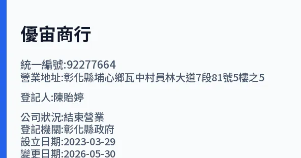 優宙商行的照片-統編 92277664(彰化縣) 公司登記資料與營業項目詳細圖表
