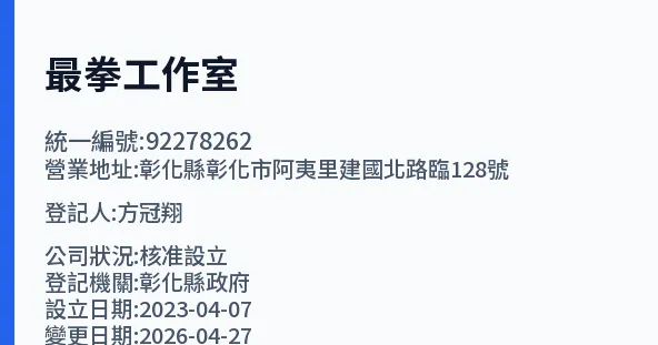 最拳工作室的照片-統編 92278262(彰化縣) 公司登記資料與營業項目詳細圖表