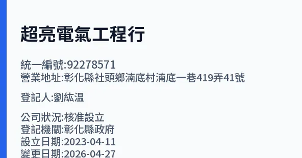 超亮電氣工程行的照片-統編 92278571(彰化縣) 公司登記資料與營業項目詳細圖表