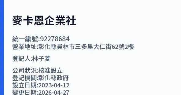 麥卡恩企業社的照片-統編 92278684(彰化縣) 公司登記資料與營業項目詳細圖表